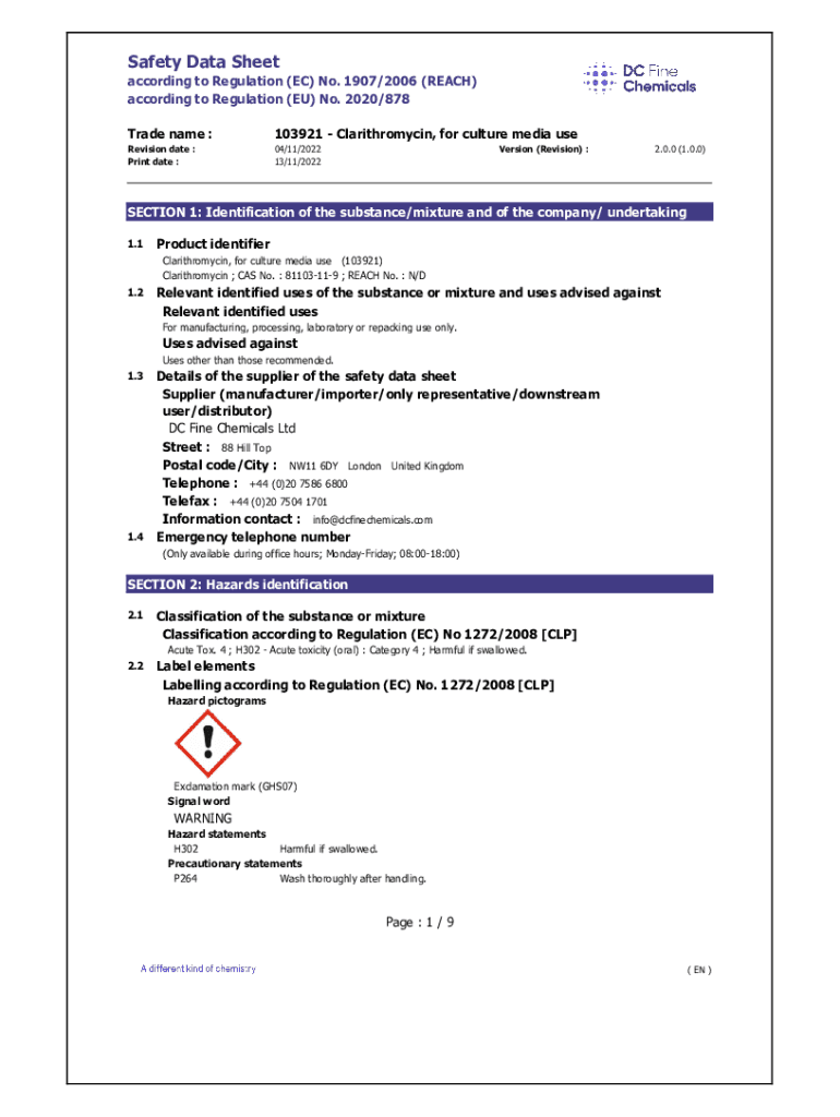 Fillable Online Safety data sheet According to regulation (EC) No. 1907/2006 ... Fax Email Print ...