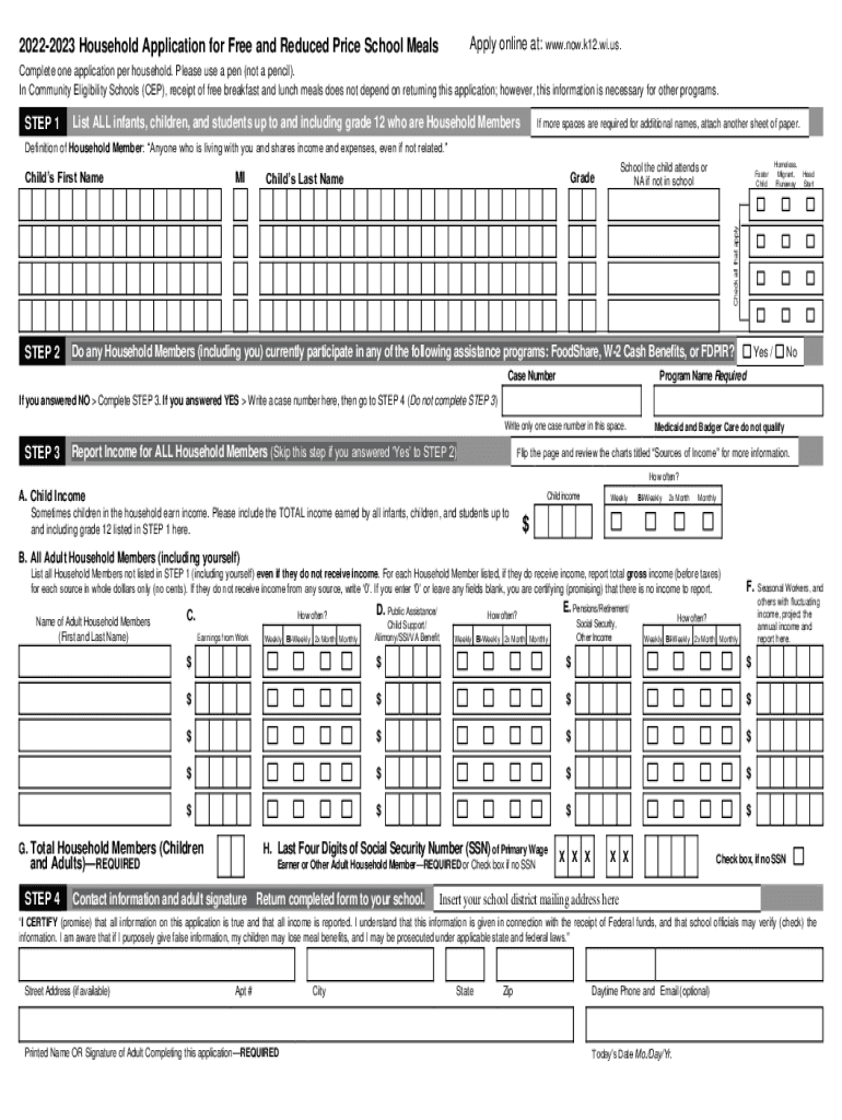 Fillable Online 2022-2023 Household Application for Free and ... - AWS ...