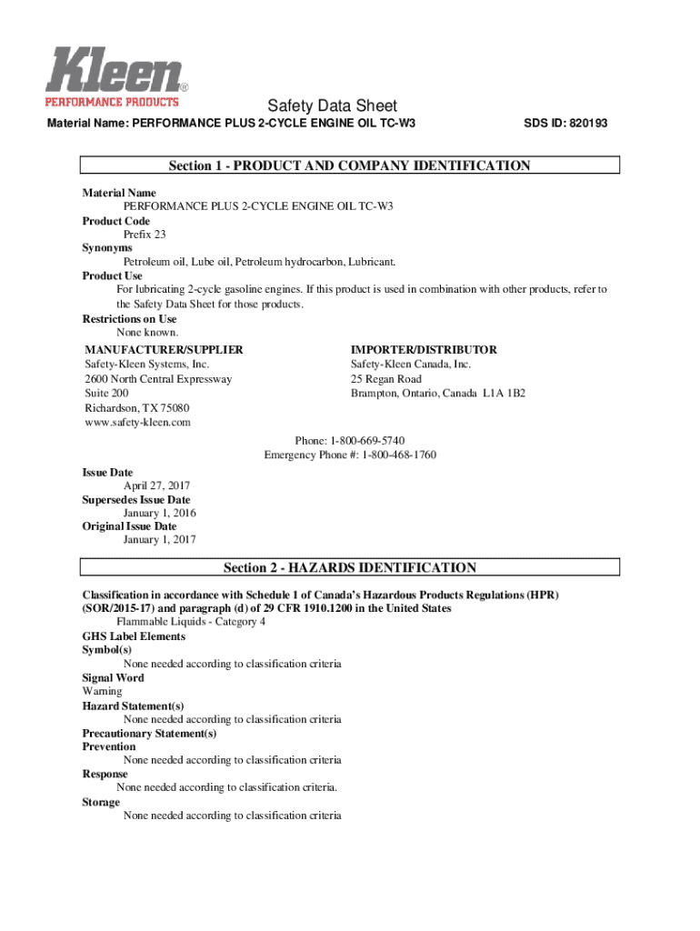 Fillable Online 2-Cycle Engine Oil TC-W3 - Safety Data Sheet Fax Email ...