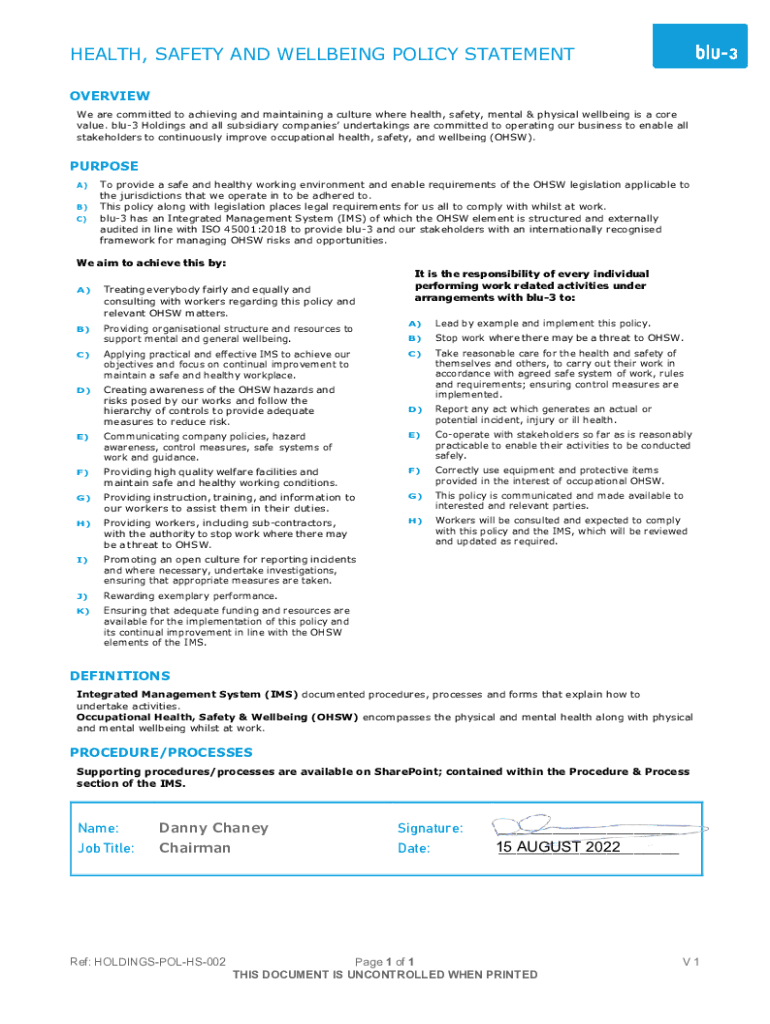 Fillable Online Health, Safety And Wellbeing Policy Statement - Site ...