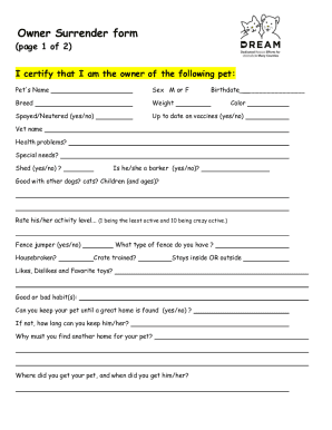 Fillable Online Owner Surrender form - Dream4pets.org Fax Email Print ...