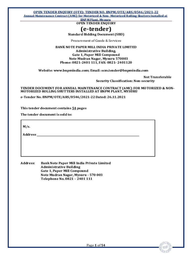 Fillable Online TENDER DOCUMENT - ARS Fax Email Print - pdfFiller