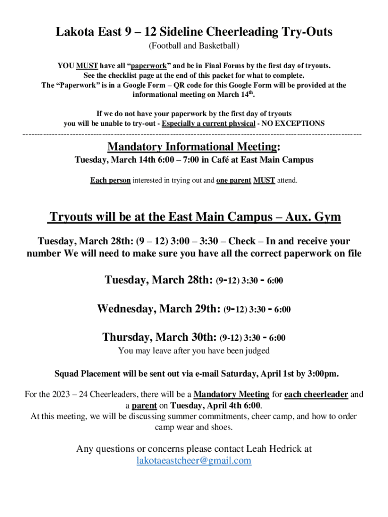 Fillable Online 12 Sideline Cheerleading Try-Outs - Lakota East ...