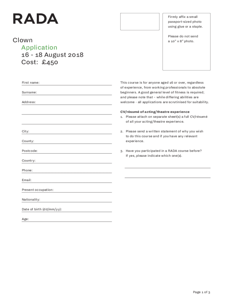 Fillable Online Clown Application 16 - 18 August 2018 Cost: 450 - RADA ...