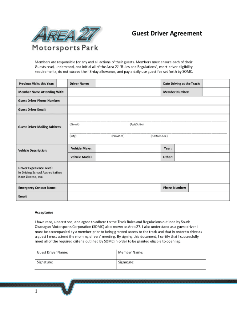 Fillable Online Member Guest Driver Agreement .docx Fax Email Print ...