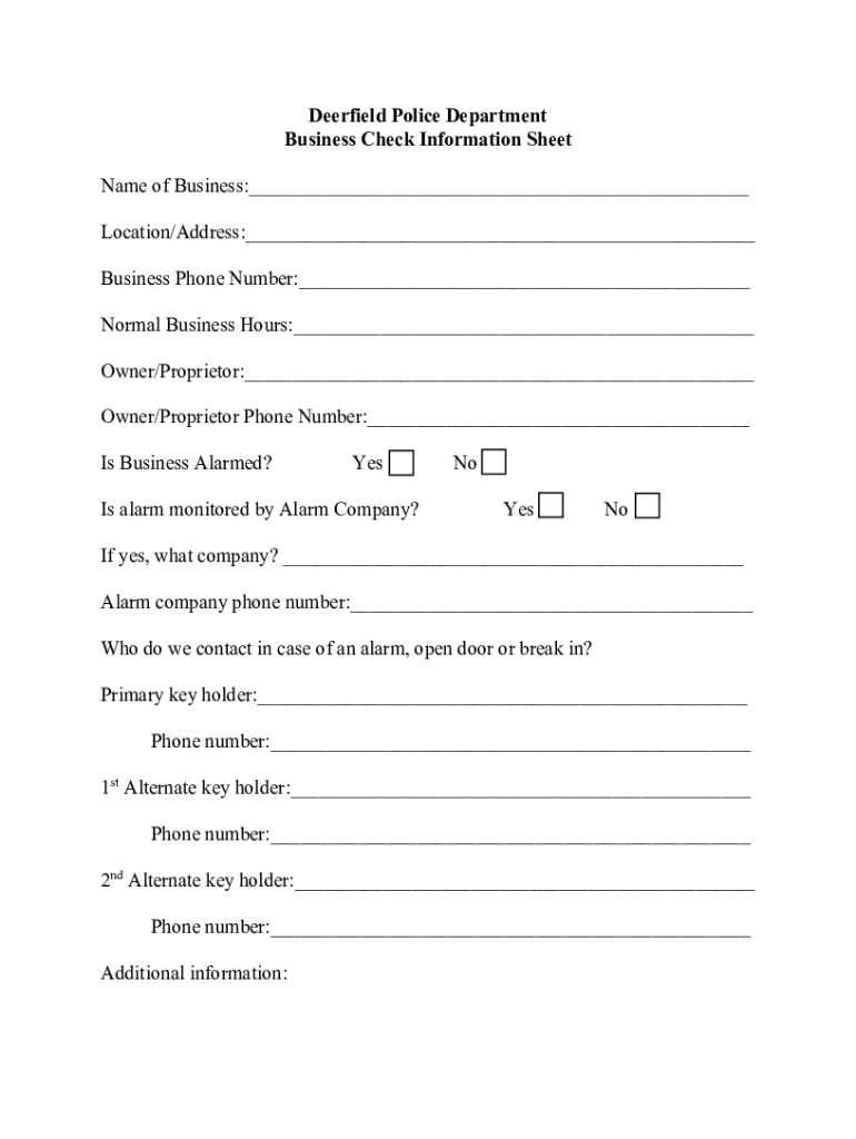 Fillable Online Deerfield Police Department Business Check Information ...