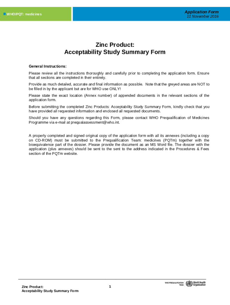 Zinc Product: Acceptability Study Summary Doc Template | pdfFiller
