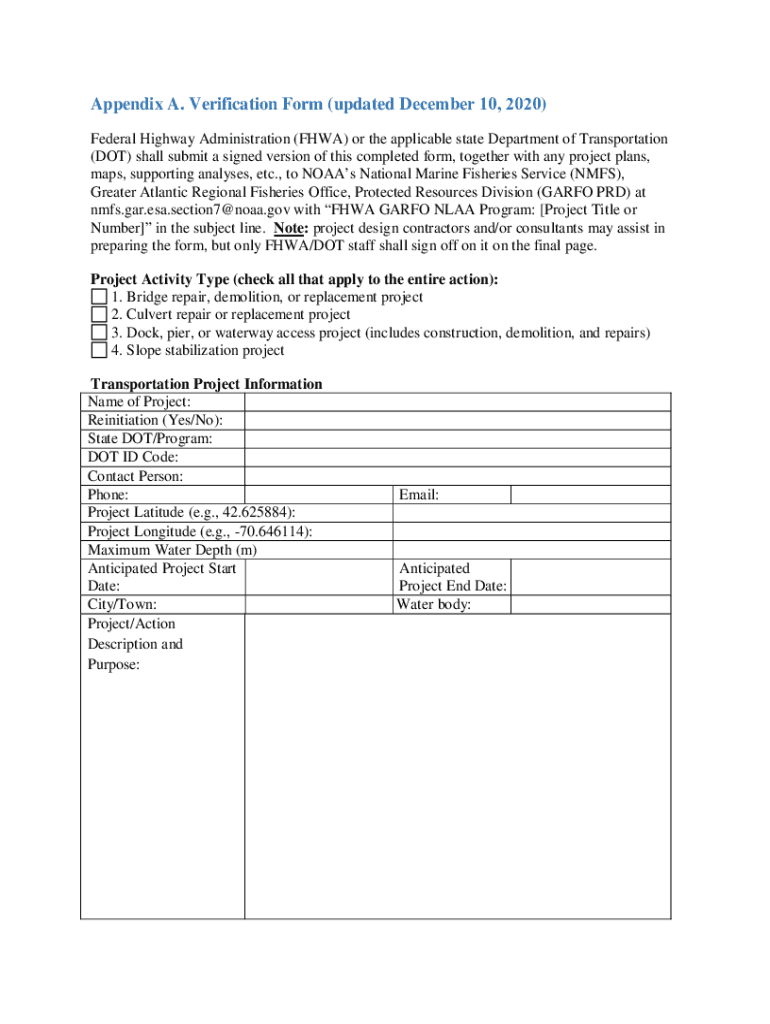 Fillable Online FHWA GARFO NLAA Program Verification Form. FHWA GARFO ...