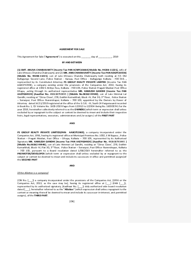 Fillable Online This Agreement for Sale (Agreement) is executed on this day of , 2019 Fax Email ...