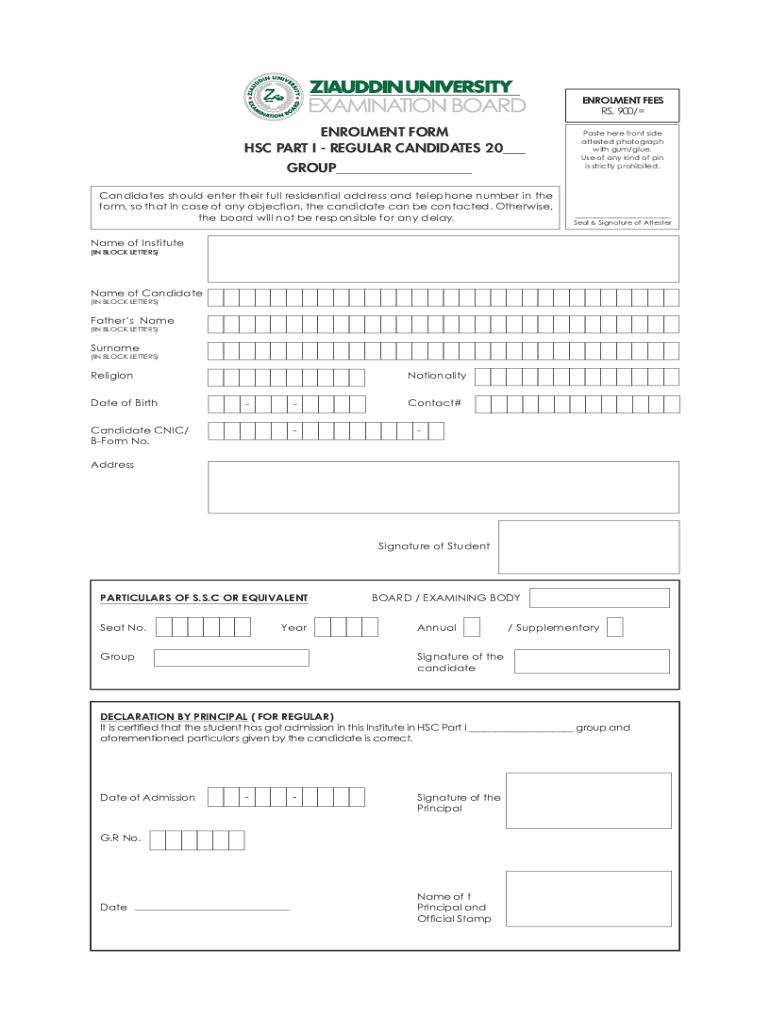 Fillable Online ZUEB HSC Enrolment FORM Part-I Regular Candidate Fax Email Print - pdfFiller