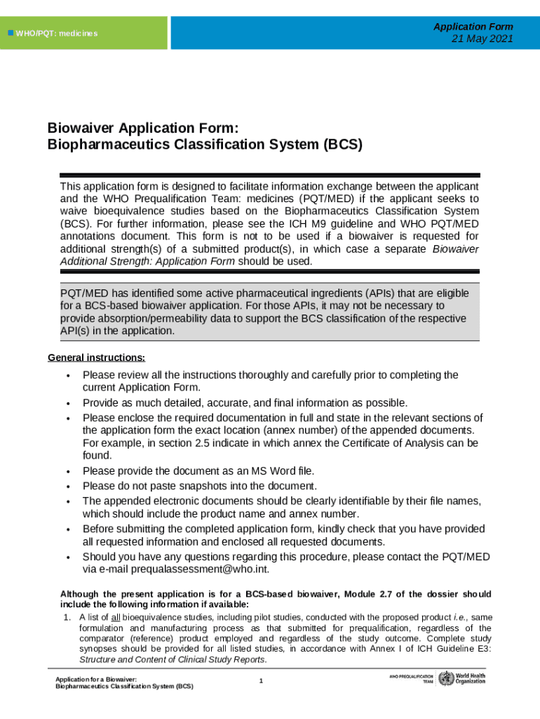 Biowaiver Application - WHO/OMS: Extranet Systems Doc Template | pdfFiller