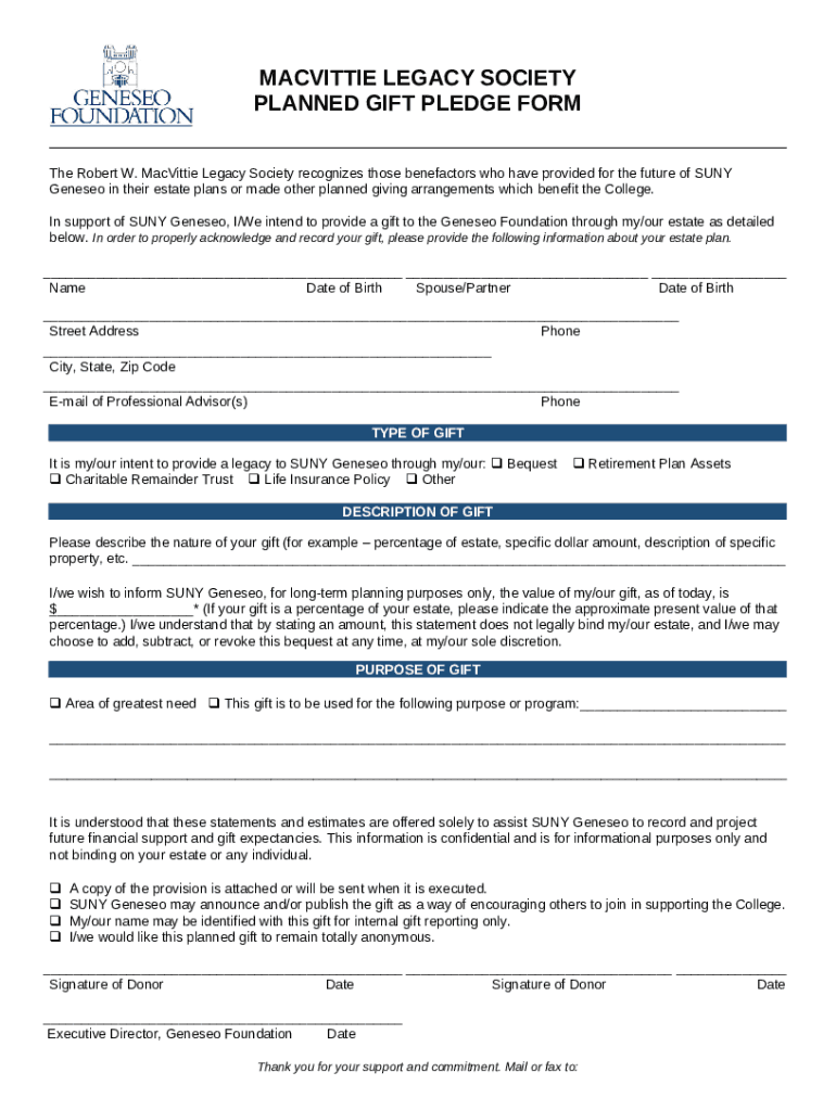 macvittie legacy society planned gift pledge Doc Template | pdfFiller