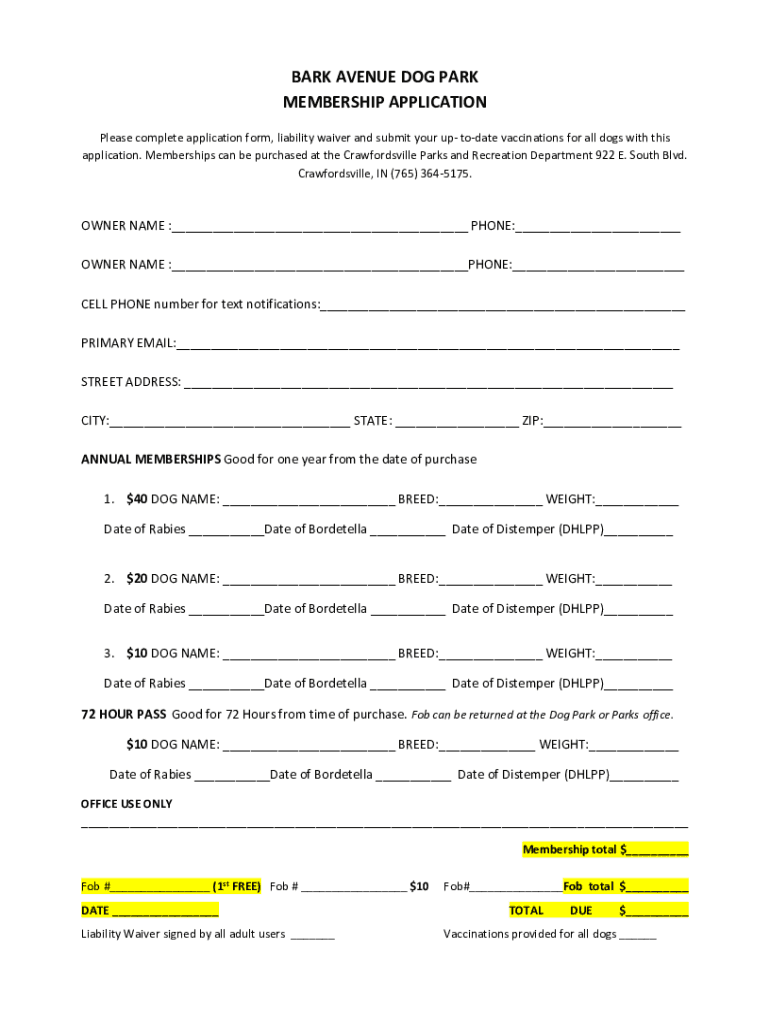 Fillable Online BARK AVENUE DOG PARK MEMBERSHIP APPLICATION Fax Email ...