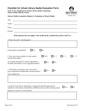 Fillable Online Checklist for School Library Media Evaluation Form Fax ...