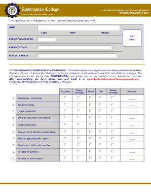 Fillable Online Class Adviser/Guidance Counselor's Recommendation Fax ...