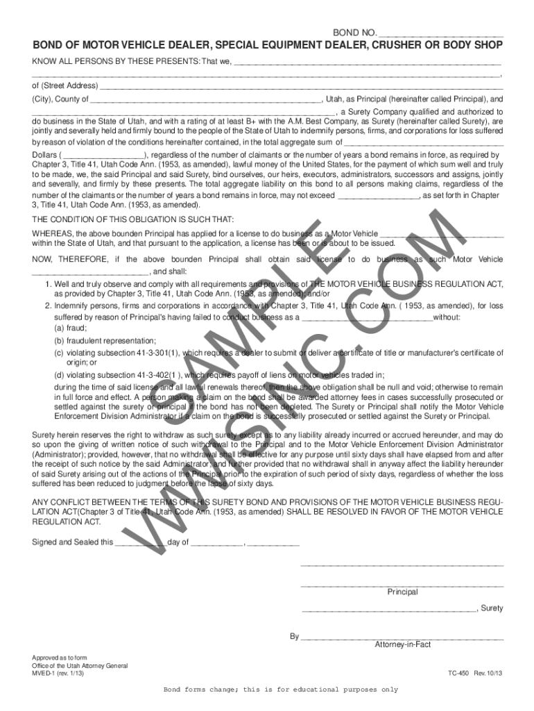 Fillable Online Surety Bonds for a Utah Motor Vehicle Dealer License Fax Email Print - pdfFiller