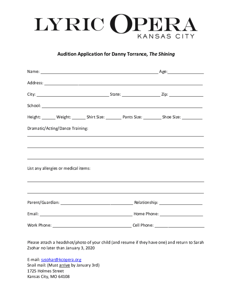 Fillable Online Audition Application for Danny Torrance, The Shining ...