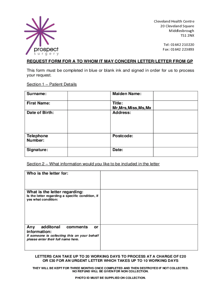 Fillable Online To Whom It May Concern Request - Prospect Surgery Fax ...