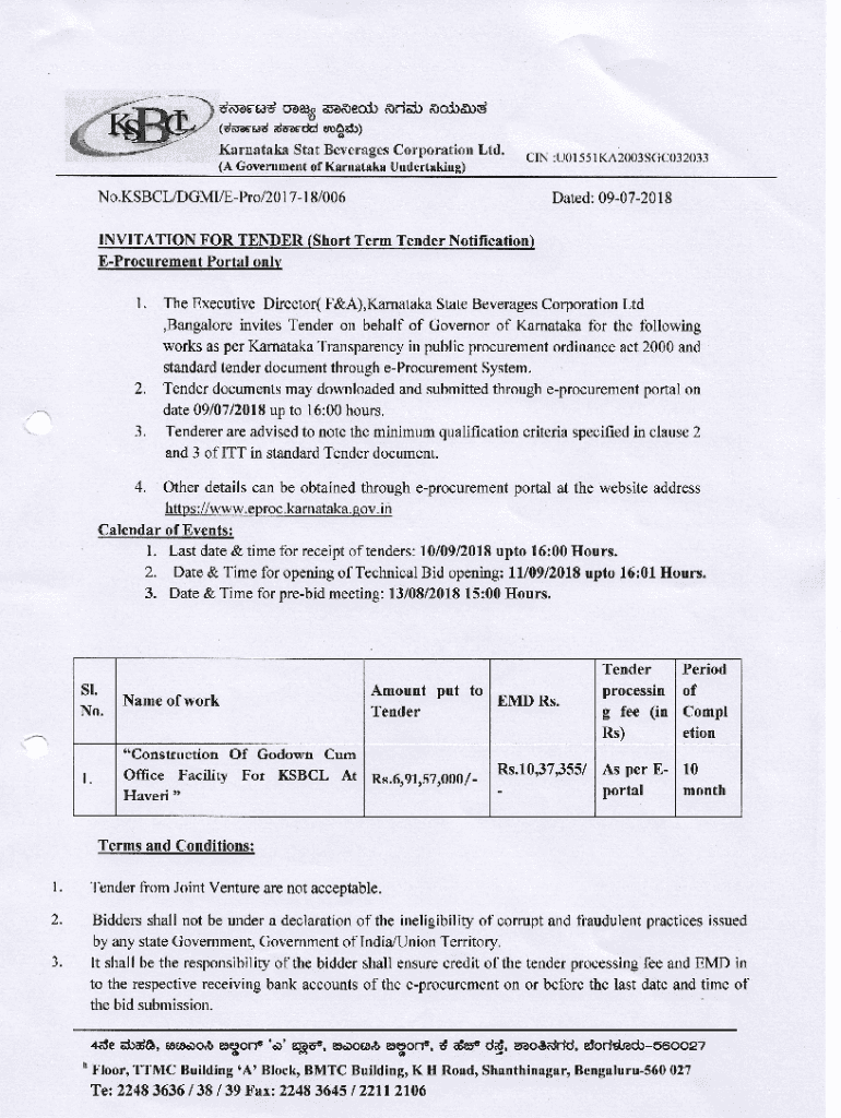 Fillable Online Karnataka State Beverages Corp Ltd in Peenya Industrial ...