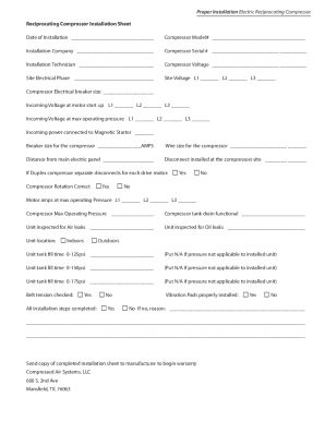 Fillable Online Reciprocating Compressor Installation Sheet ...