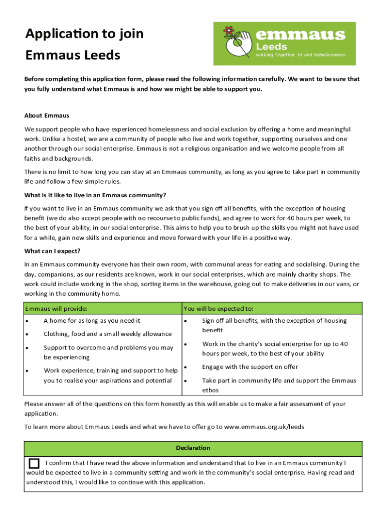 Fillable Online emmaus org referral form - Emmaus UK Fax Email Print - pdfFiller