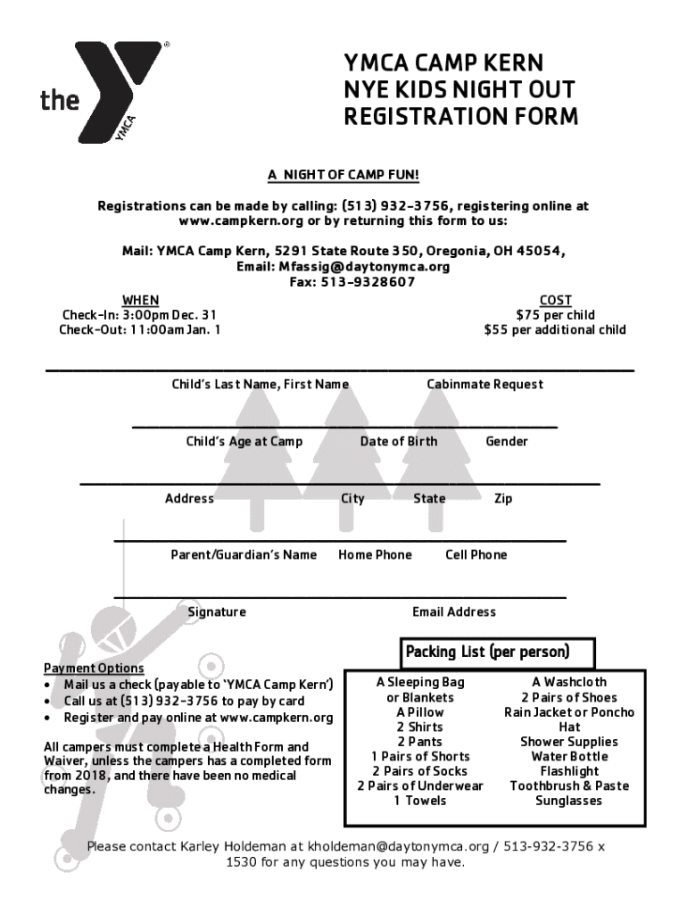 Fillable Online ymca camp kern nye kids night out registration form Fax ...