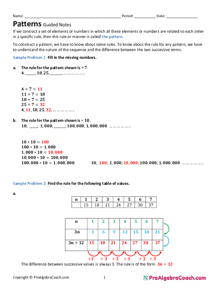 Fillable Online Patterns Guided Notes - PreAlgebraCoach.com Fax Email ...