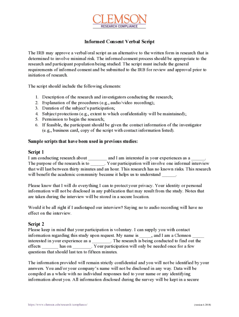 Fillable Online media clemson Attachment A: Minimal Risk Informed ...