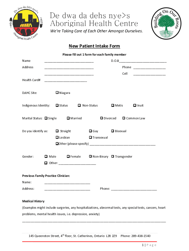 Fillable Online New Patient Intake Form - Aboriginal Health Centre Fax ...