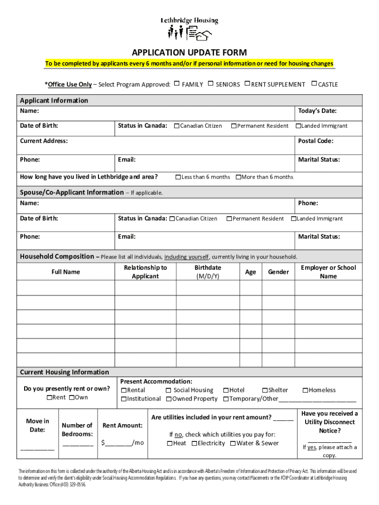 Fillable Online APPLICATION UPDATE FORM - Lethbridge Housing Authority Fax Email Print - pdfFiller