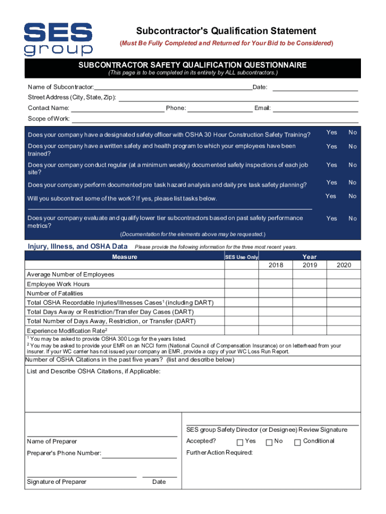 Fillable Online Subcontractor's Qualification Statement Fax Email Print ...