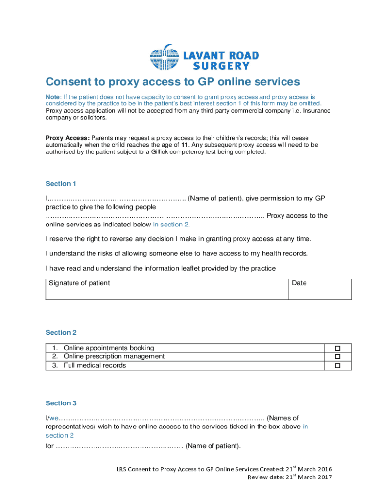 Fillable Online LRS Consent to Proxy Access Form to GP Online Services Fax Email Print - pdfFiller