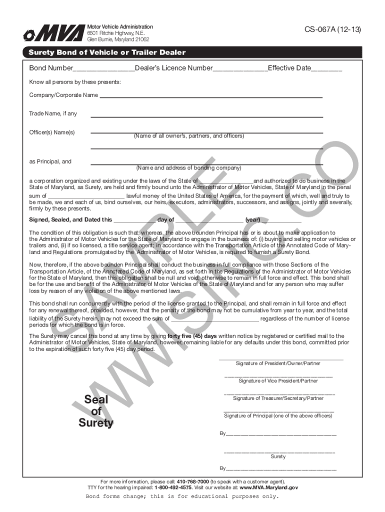 Fillable Online Maryland-Motor-Vehicle-or-Trailer-Dealer-Bond-Form.pdf ...