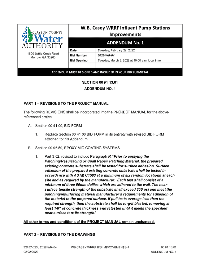 Fillable Online W.B. Casey WRRF Influent Pump Stations Improvements Fax ...