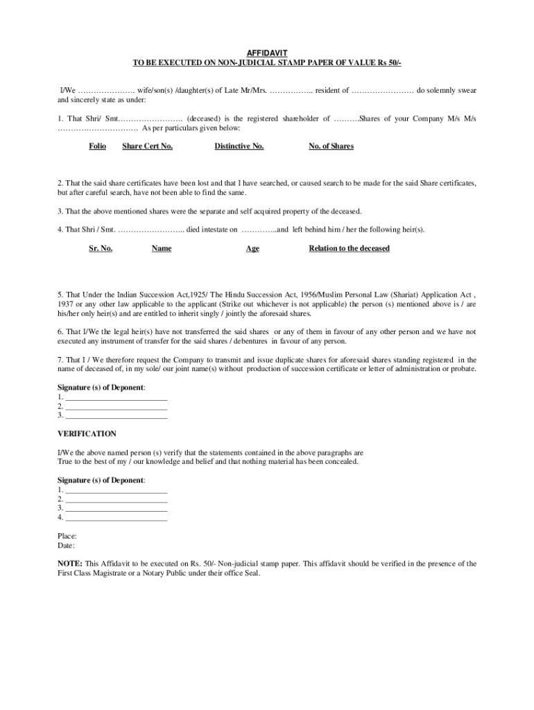 Fillable Online This affidavit is to be executed on Non-judicial Stamp ...