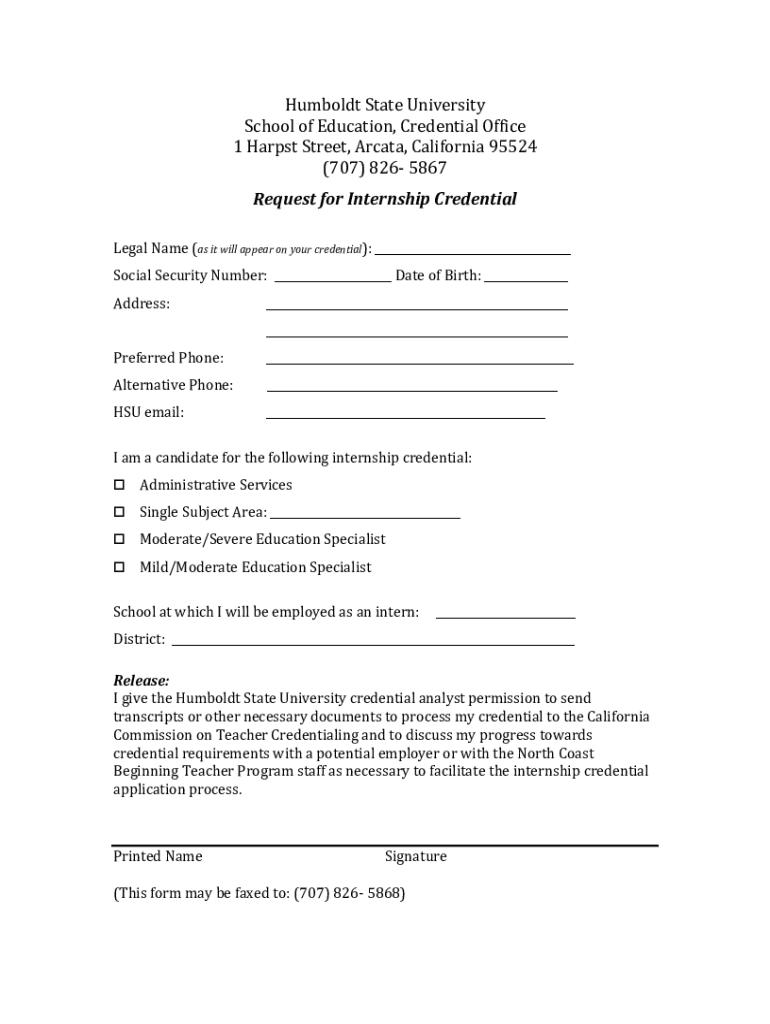 Fillable Online 5867 Request for Internship Credential - School of ...