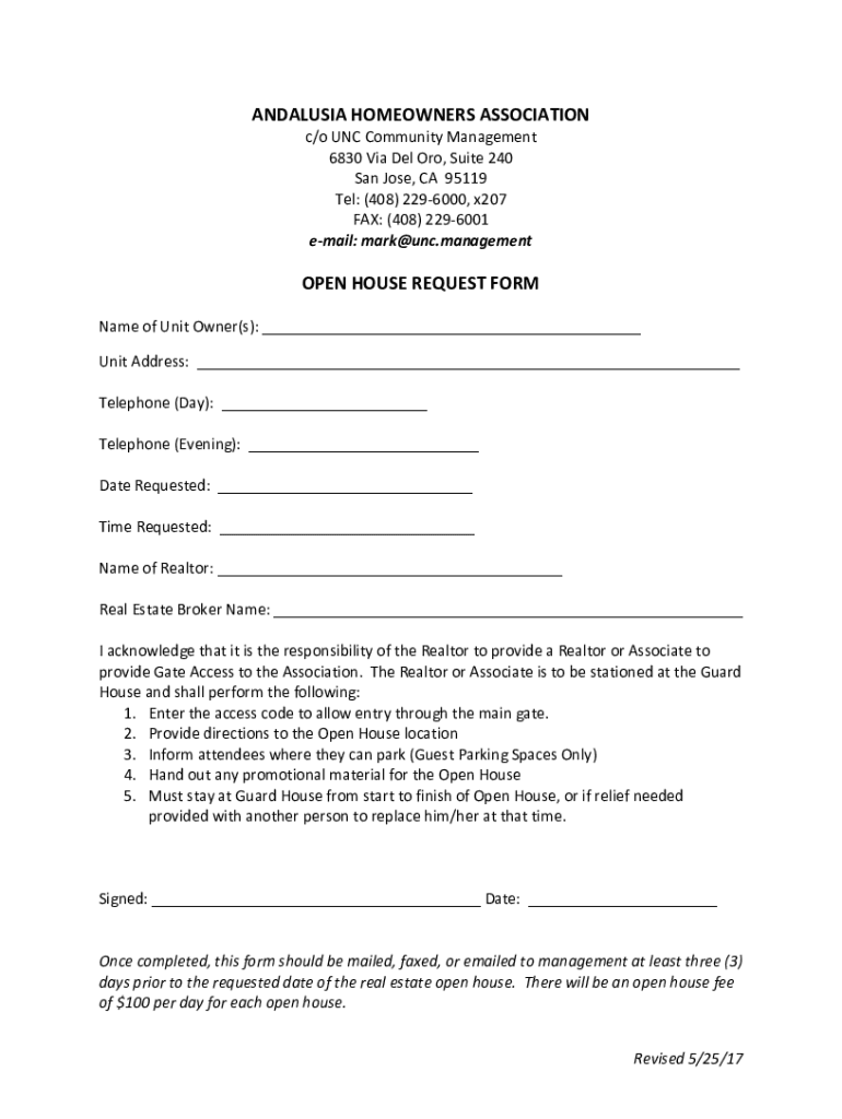 Fillable Online Andalusia HOA - Open House Request Form Fax Email Print ...