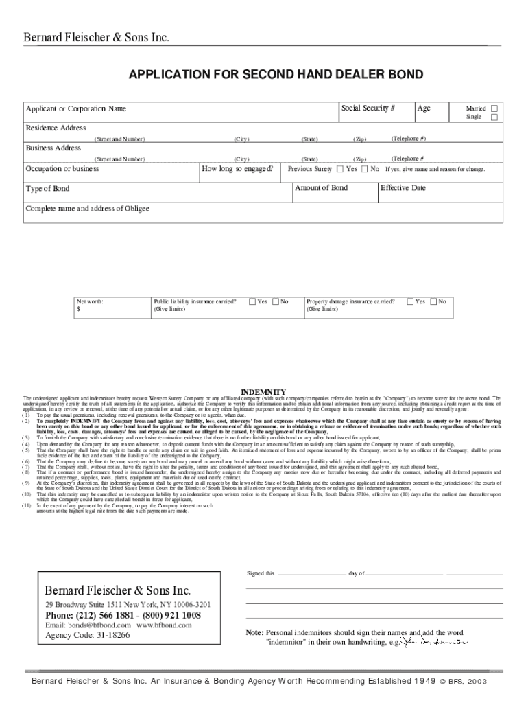 Fillable Online Second Hand Dealer Bond Fax Email Print - pdfFiller
