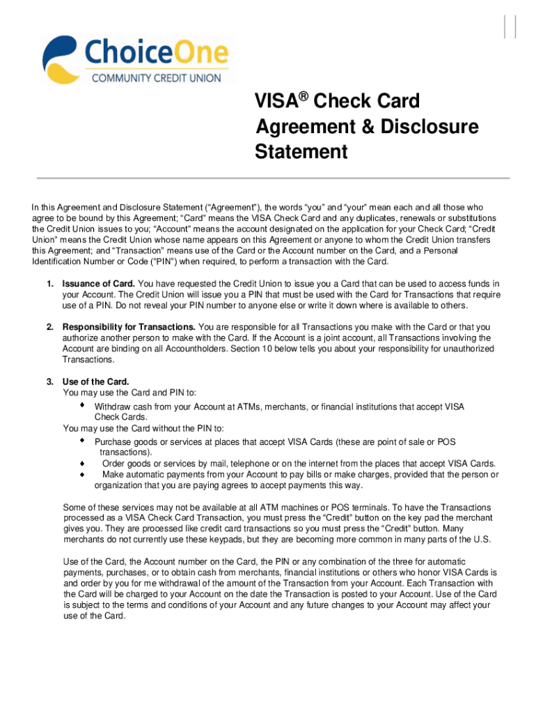 Fillable Online VISA CHECK CARD AGREEMENT AND DISCLOSURE - AWS Fax ...