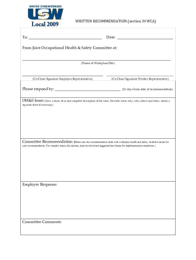 Fillable Online Wriiten Recommendation Sample Template Fax Email Print ...