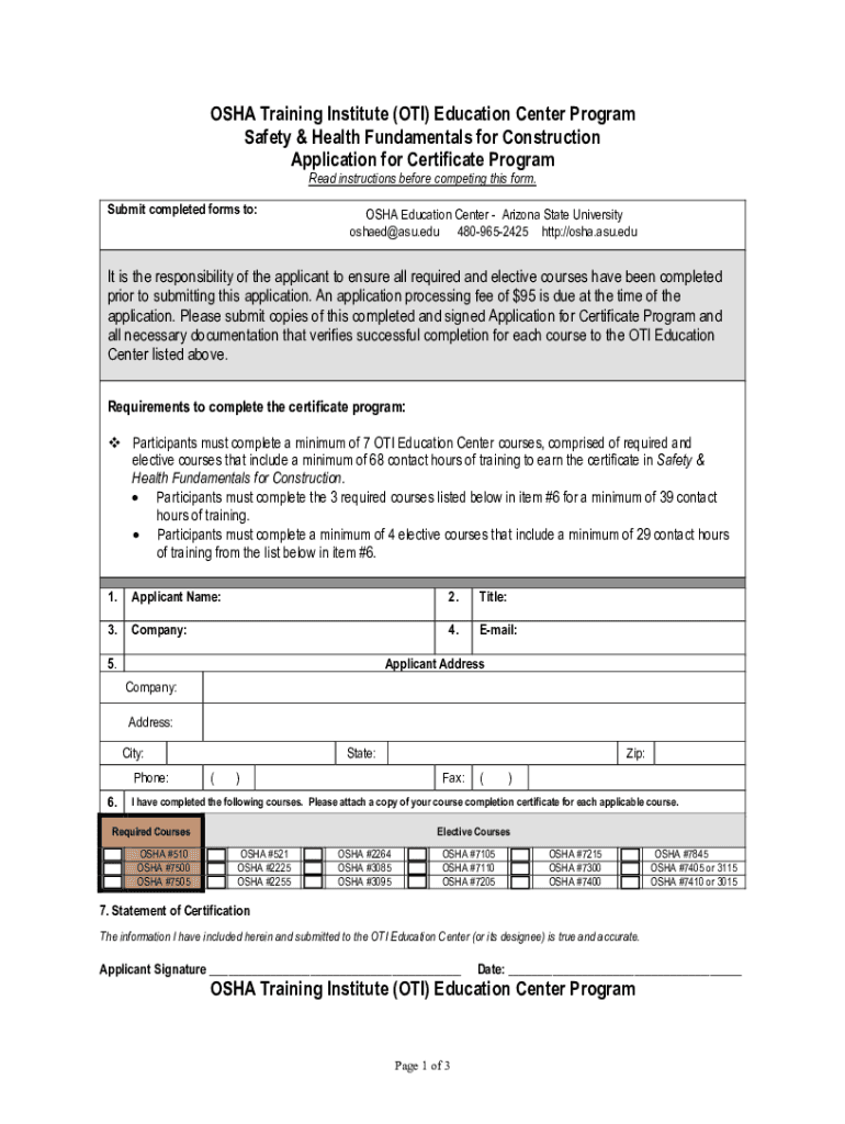 Fillable Online osha asu Application for Certificate Program Fax Email ...