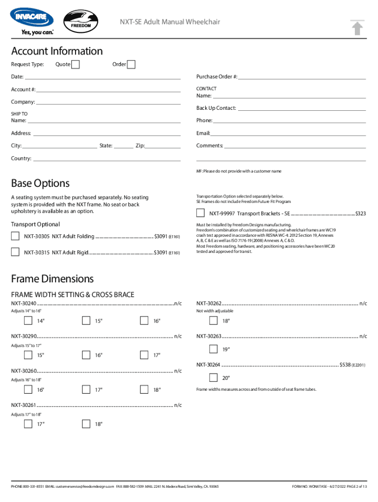 Fillable Online NXT-SE Adult Manual Wheelchair - Freedom Designs Fax ...