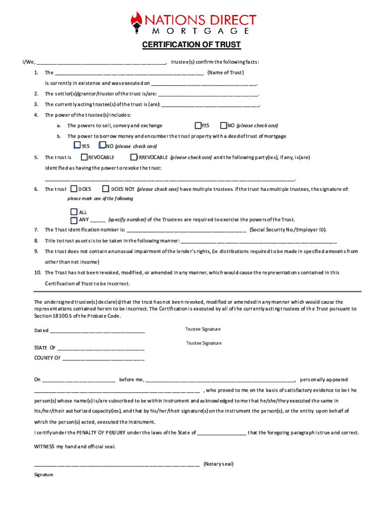 Fillable Online Certificate of Trust for Revocable Trust - Citizens ...