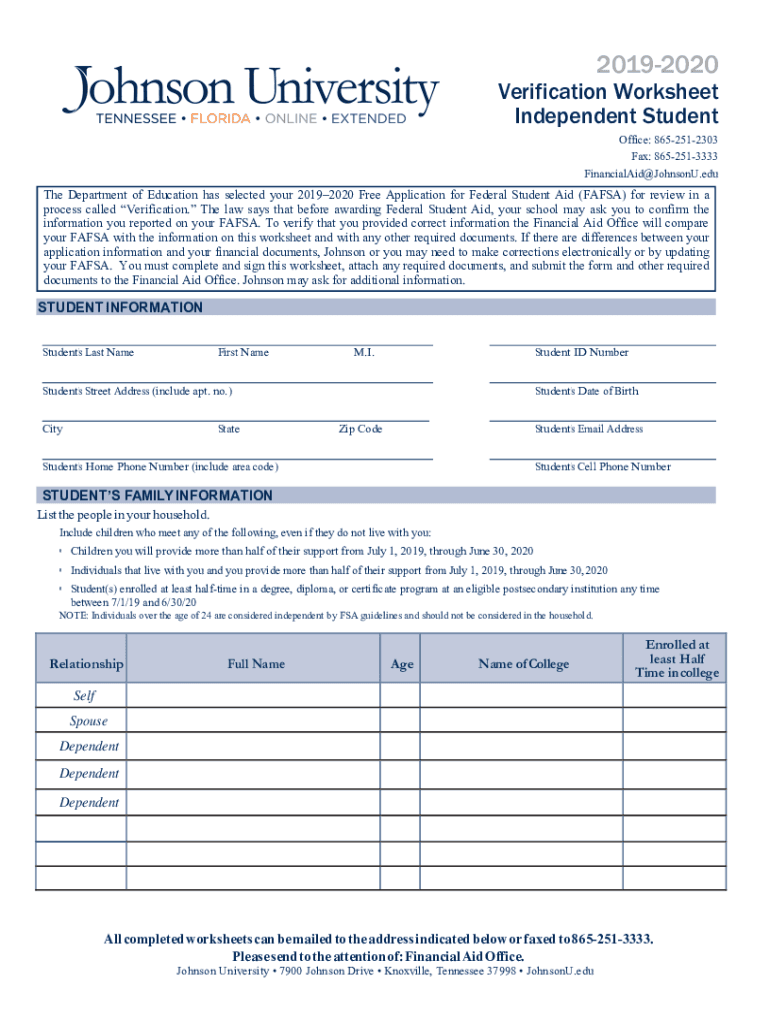 Fillable Online 20192020 Verification Worksheet: Independent Student ...