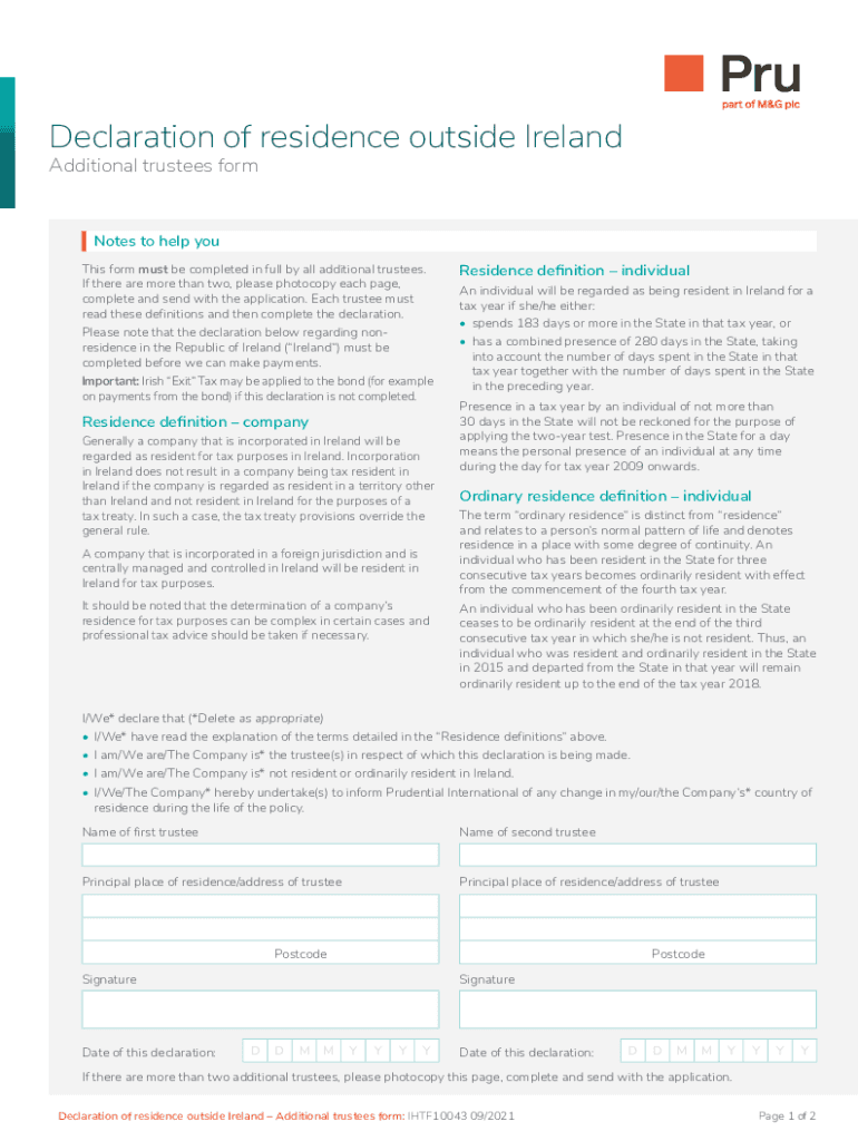 Fillable Online Declaration of residence outside Ireland Fax Email ...