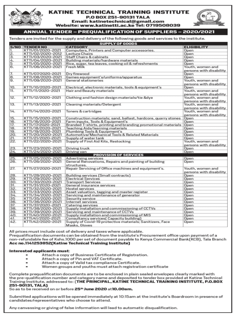 Fillable Online katine technical training institute - Tenders Kenya Fax ...