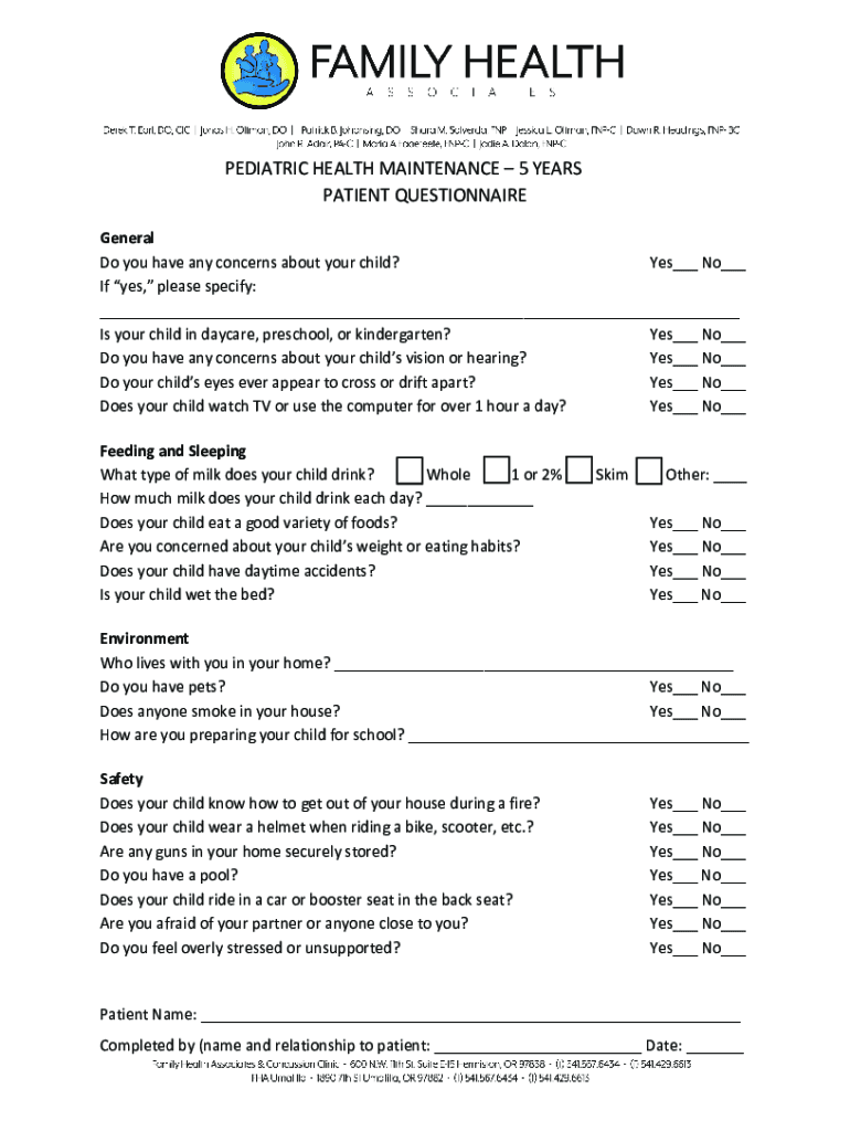 Fillable Online Pediatric Health Maintenance - 5 Years Fax Email Print ...