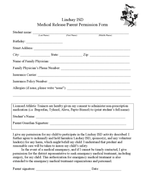 Fillable Online Lindsay ISD Medical Release/Parent Permission Form Fax Email Print - pdfFiller
