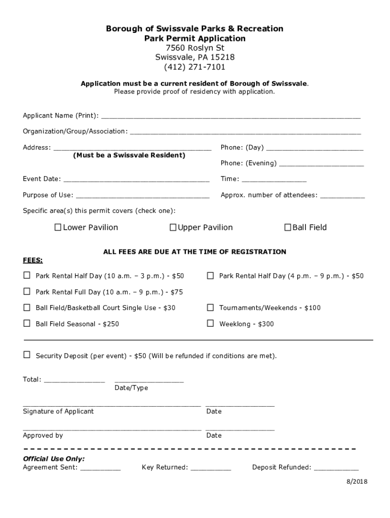 Fillable Online Park Permit Application - Swissvale Borough Fax Email ...