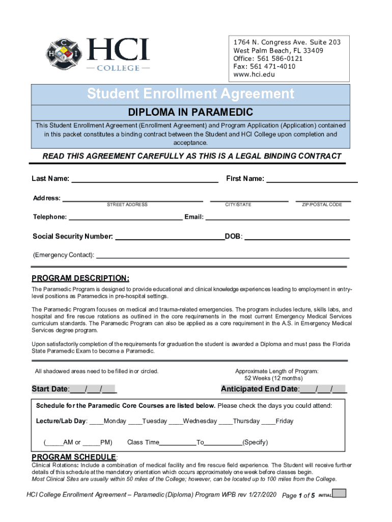 Fillable Online Student Enrollment Agreement - Paramedic EA - HCI College Fax Email Print ...